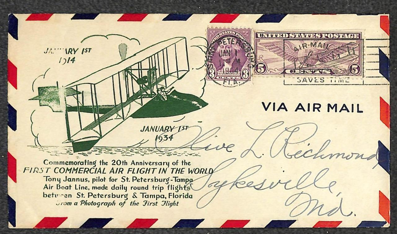 USA #720 & C16 Stamps First Flight Airmail Cover ST. Petersburg Florida ...