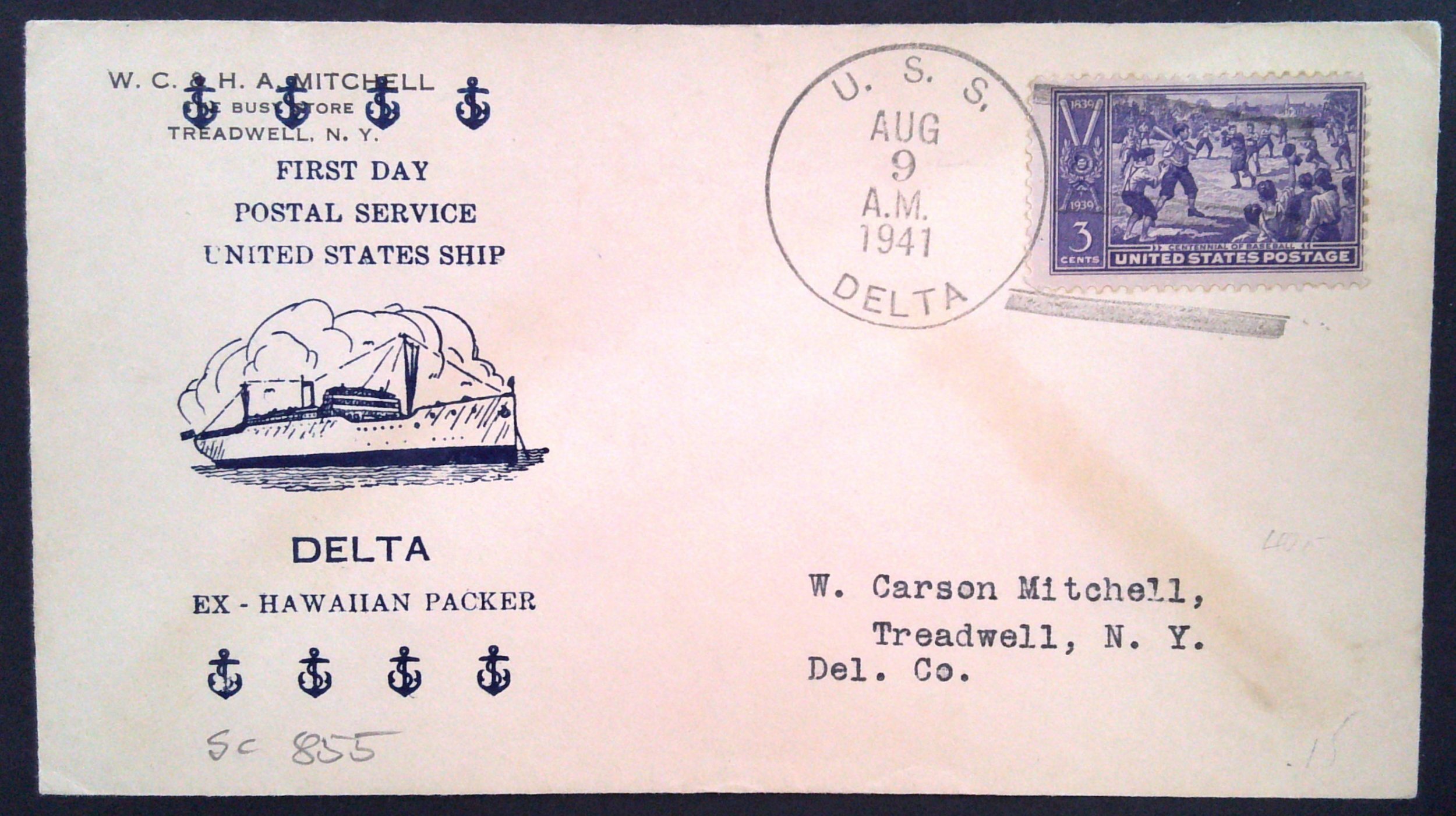 Scott #855 - 3c Centennial of Baseball - First Day of Service of Ship ...