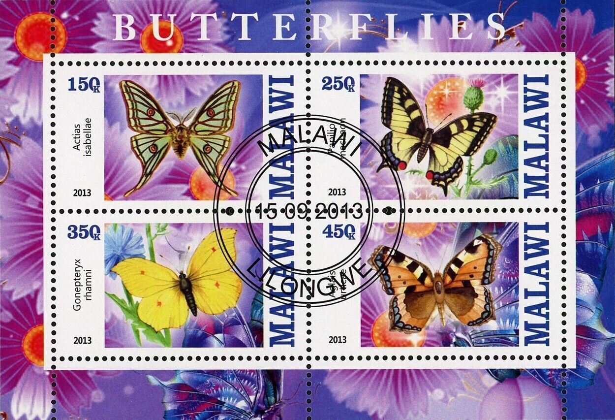 Malawi Butterfly Exotic Insect Flower Plant Souvenir Sheet of 4 Stamps ...