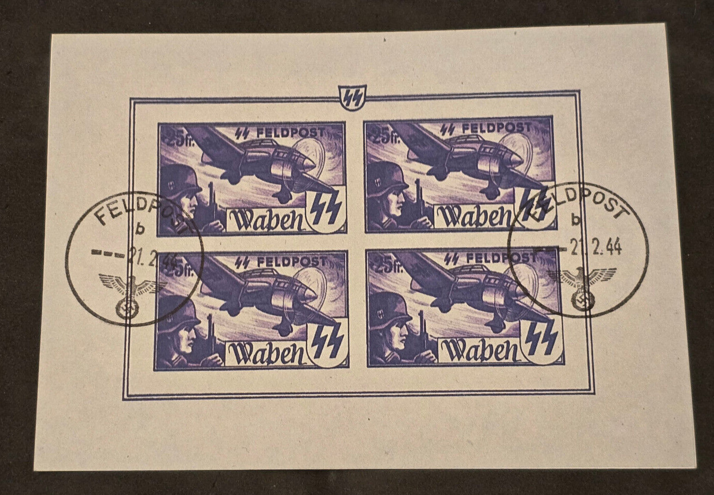 Third Reich Nazi Germany WAPEN SS FELDPOST Souvenir stamp sheet WWII ...