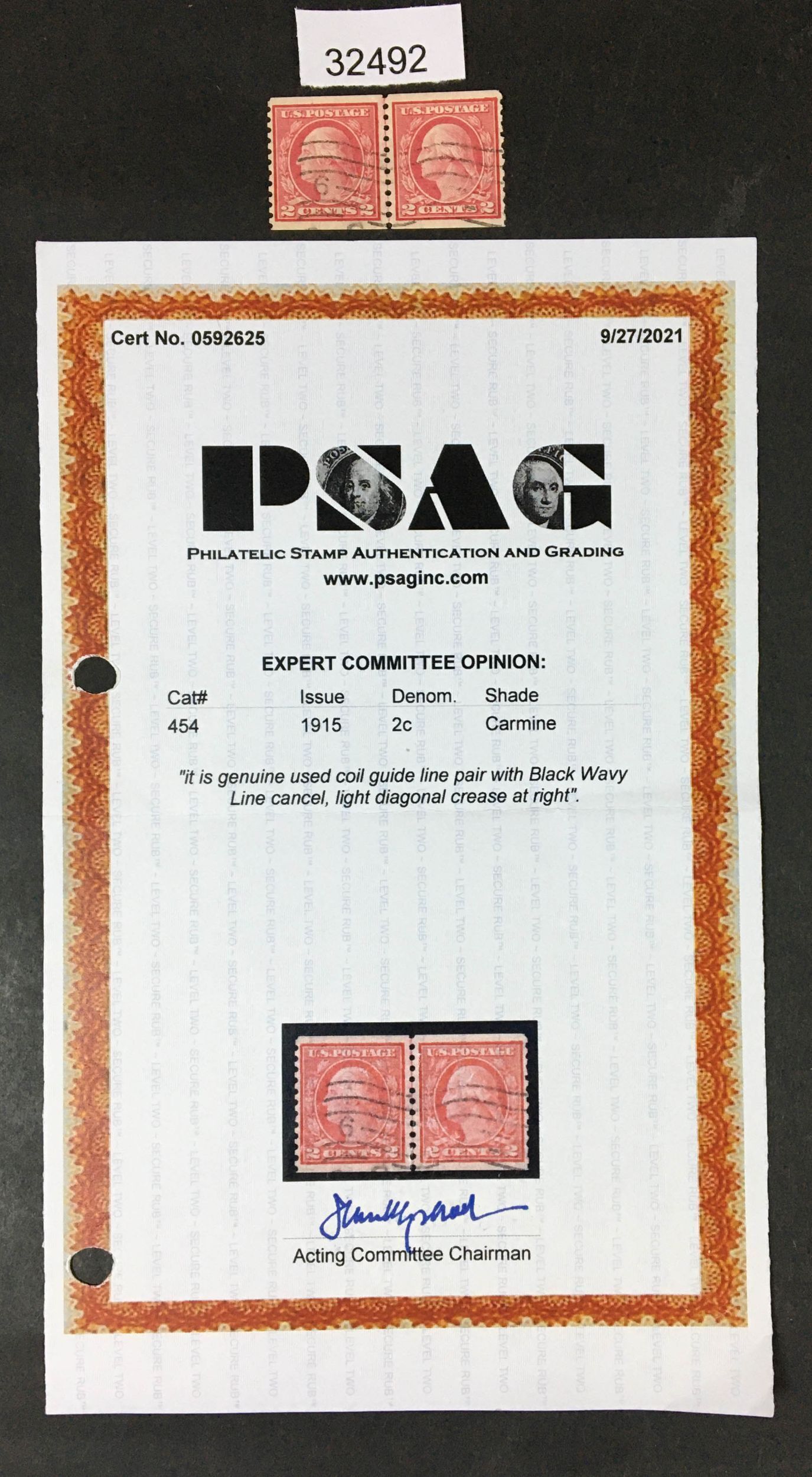 US Stamps # 454 Line Pair Used **Psag Cert** CAT. $600 LOT #32492 ...