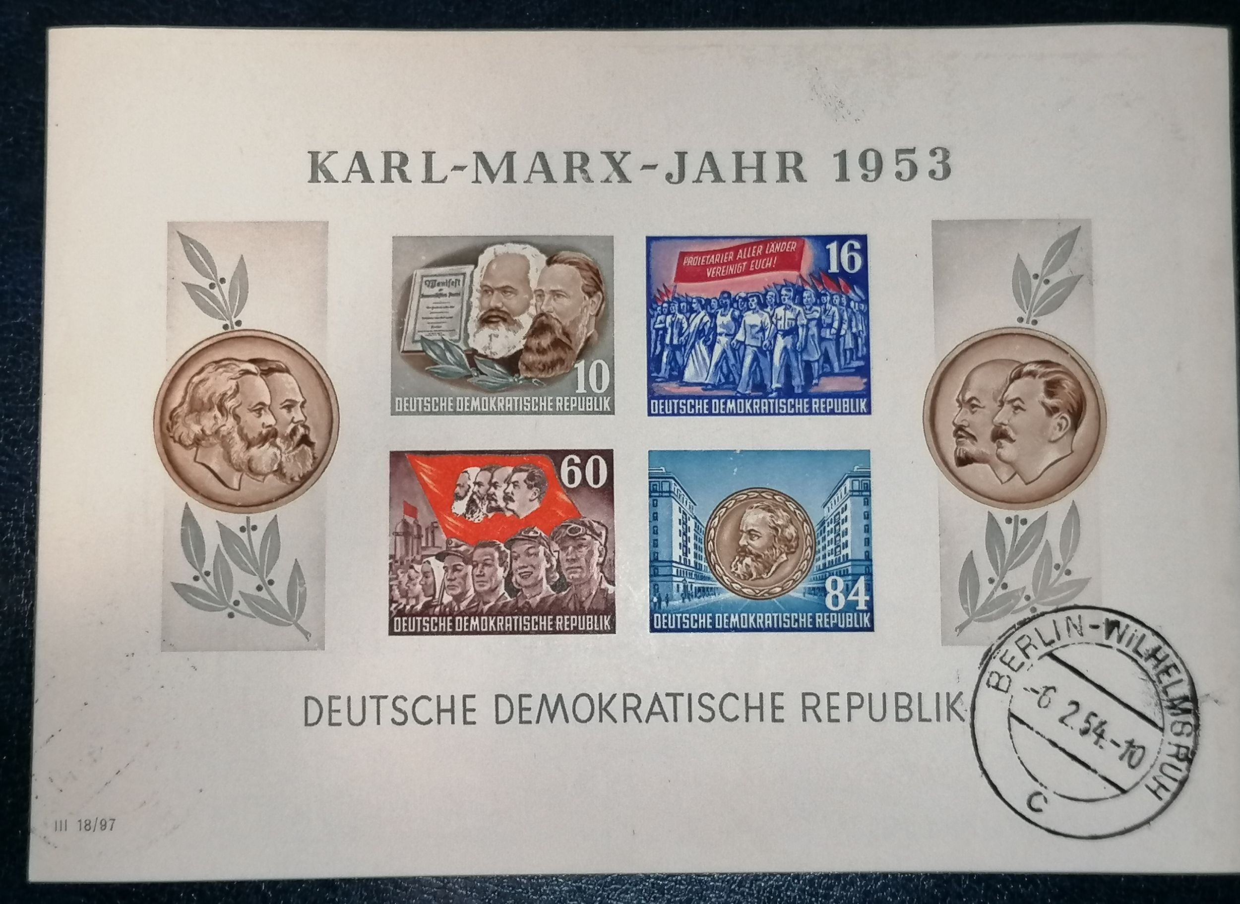Germany, DDR Karl Marks Year 1953 minisheet B imperforated, canceled ...