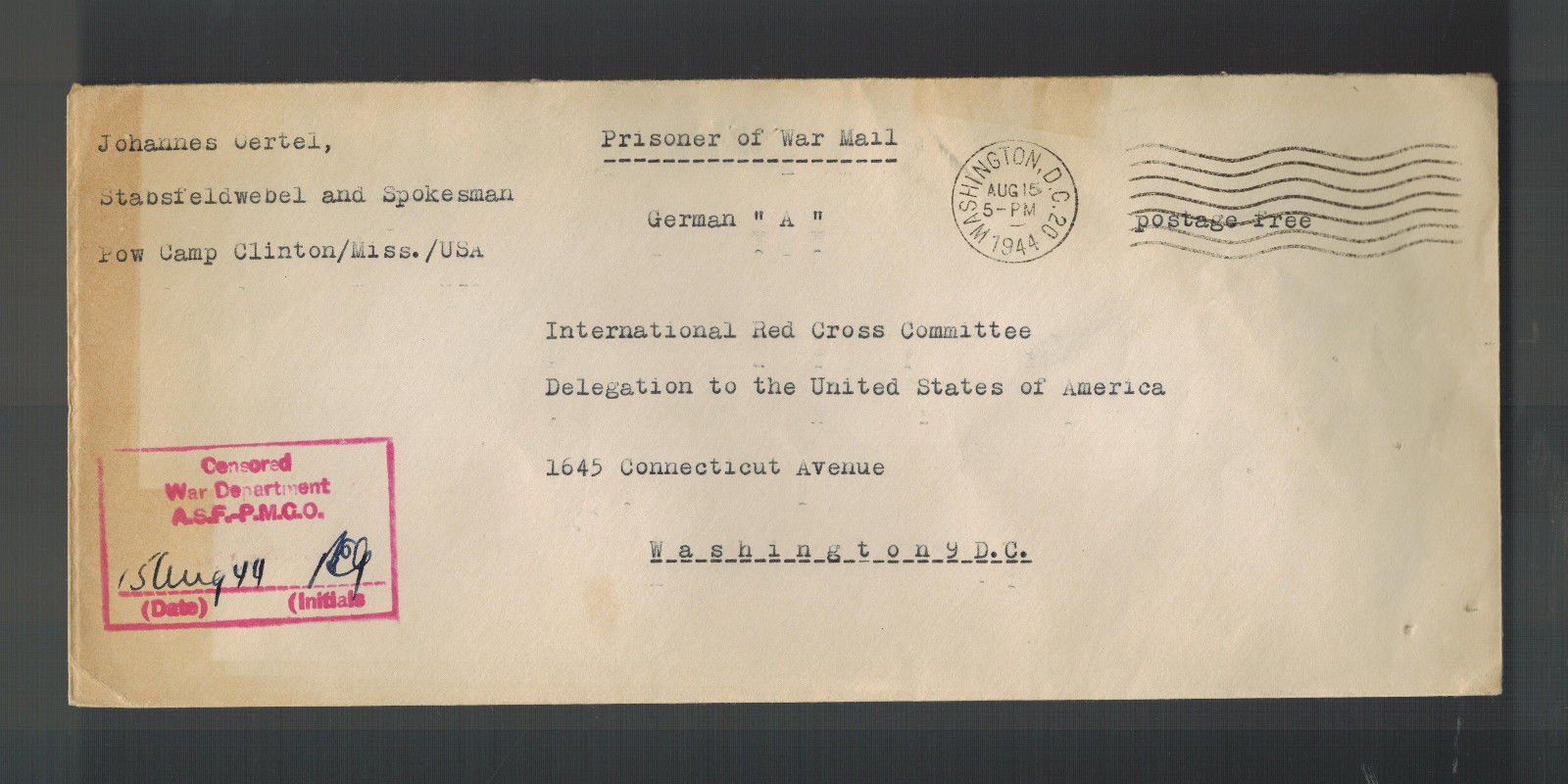 1944 Camp Clinton MS German POW Camp Cover Prisoner of War to Red Cross ...