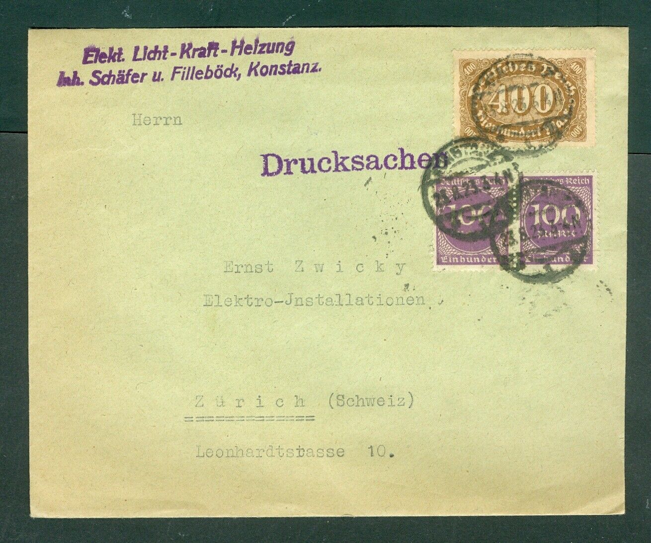 Germany 1923. Cover. Inflation. Commercial. Konstanz 2x 100 + 400 M Adr ...