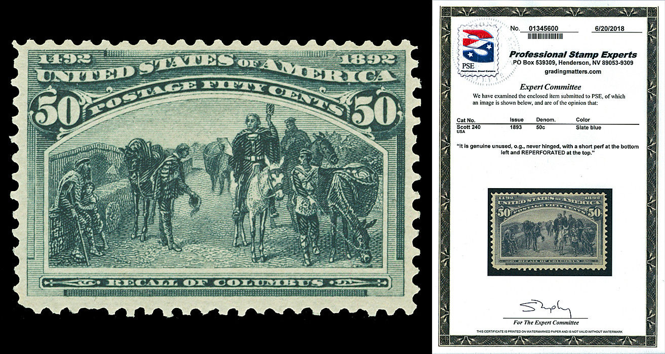 Scott 240 1893 50c Columbian Issue Mint F-VF OG NH Cat $1,300 w/ PSE ...