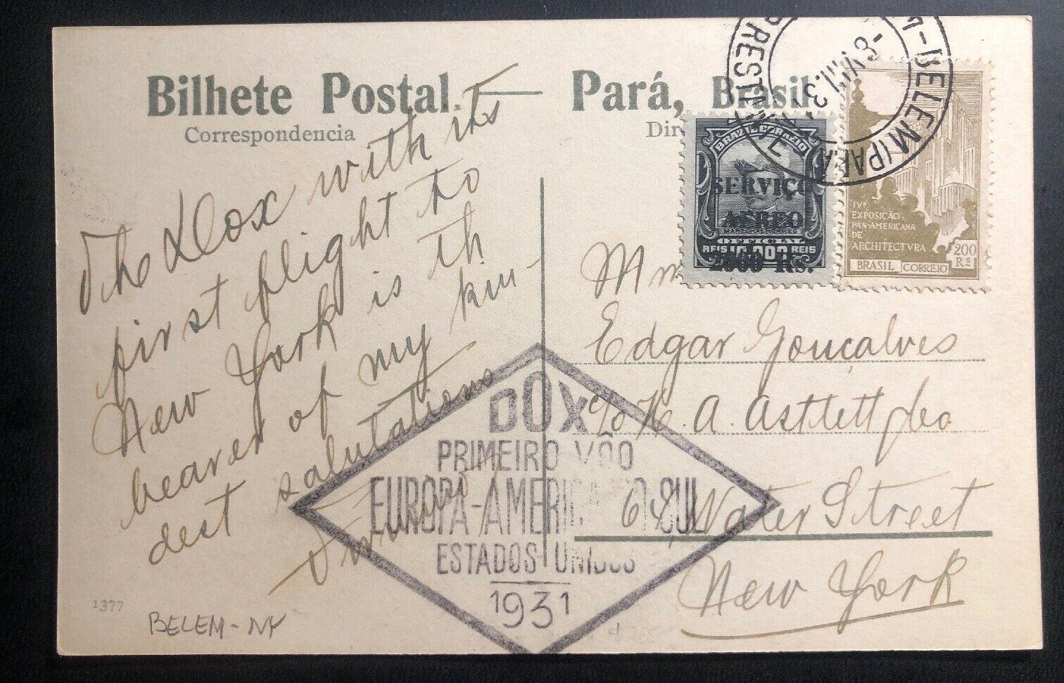 1931 Belem Brazil DOX First Flight RPPC Postcard Cover FFC to New York ...