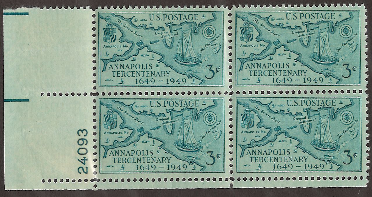 Scott # 984 1949 3c turq grn Map & Seal of Lord Baltimore Plate Block ...
