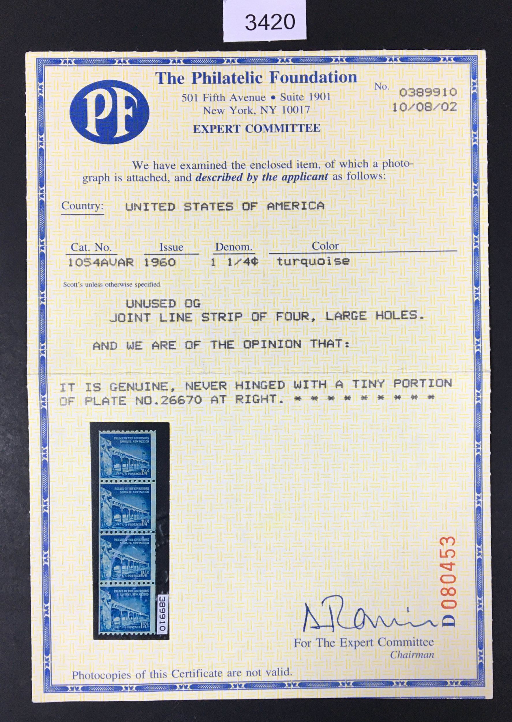 US # 1054a Line Strip Large Holes Mint OG NH Strip **Pf Cert** $90 ...