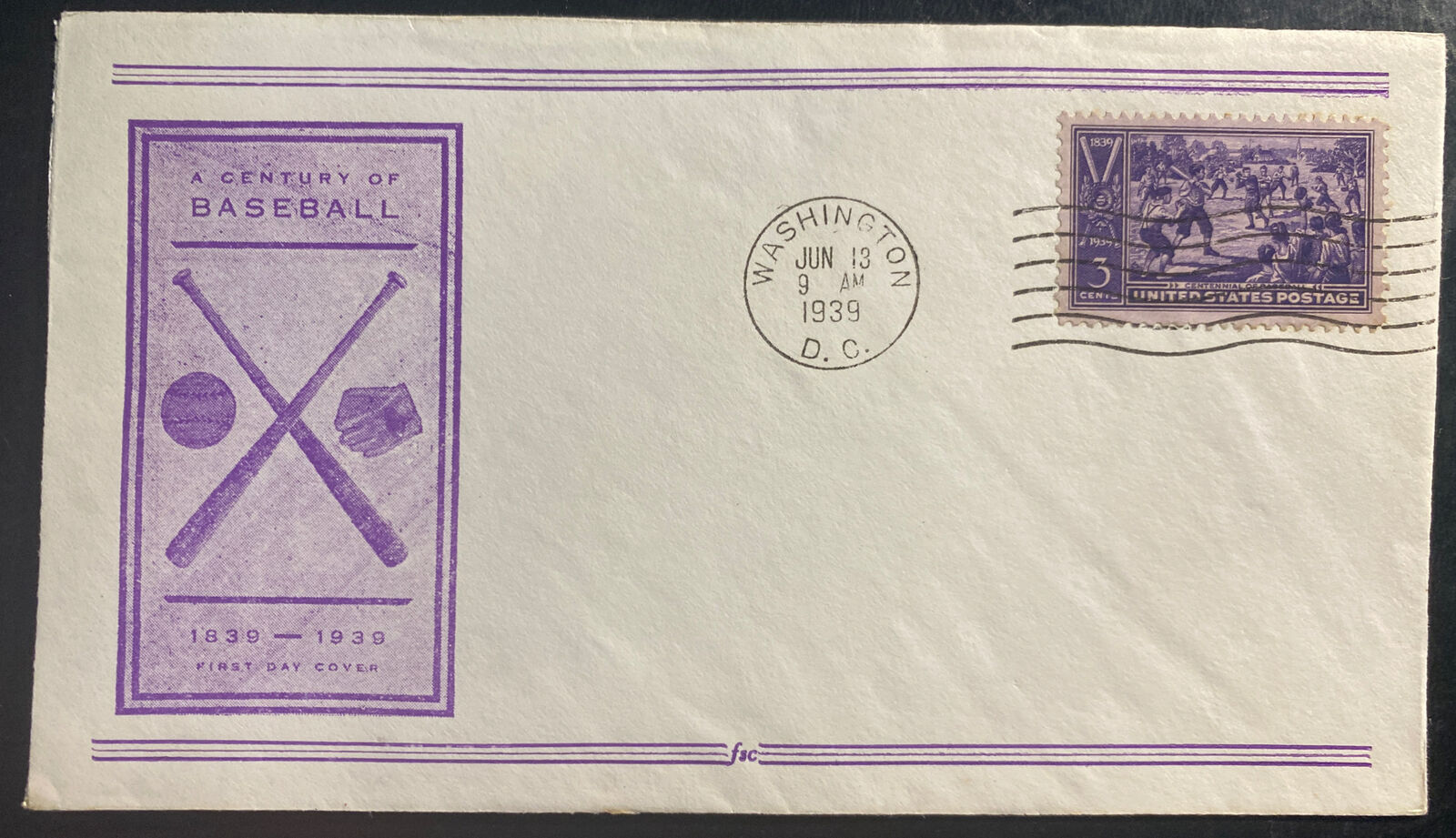 1939 Washington D USA First Day cover FDC A Century Of Baseball Issue ...