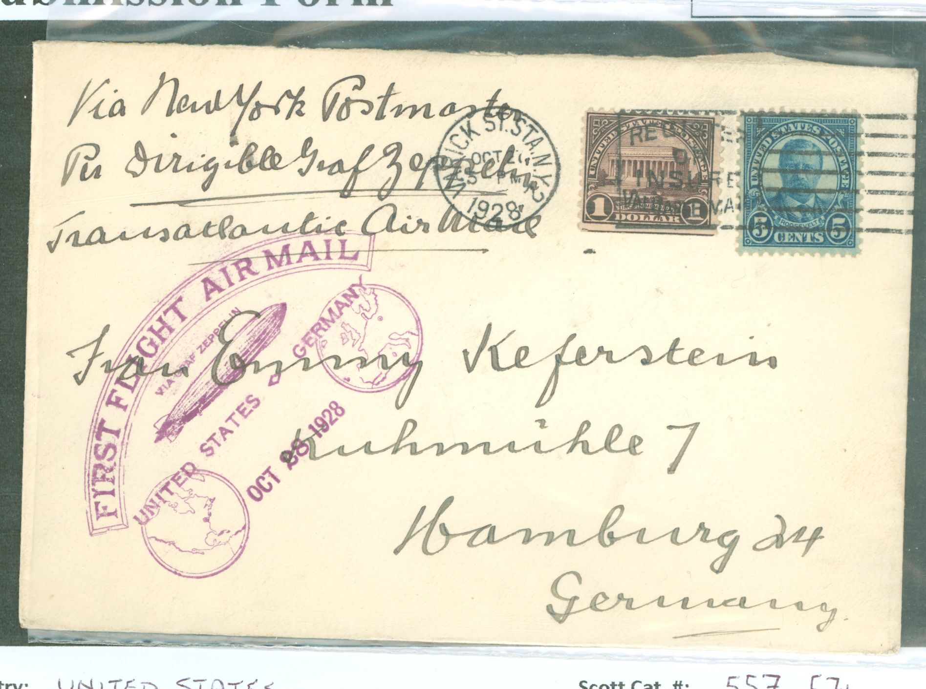US 557/571 1928 Cover carried on the October 1928 Graf Zeppelin (LZ127 ...