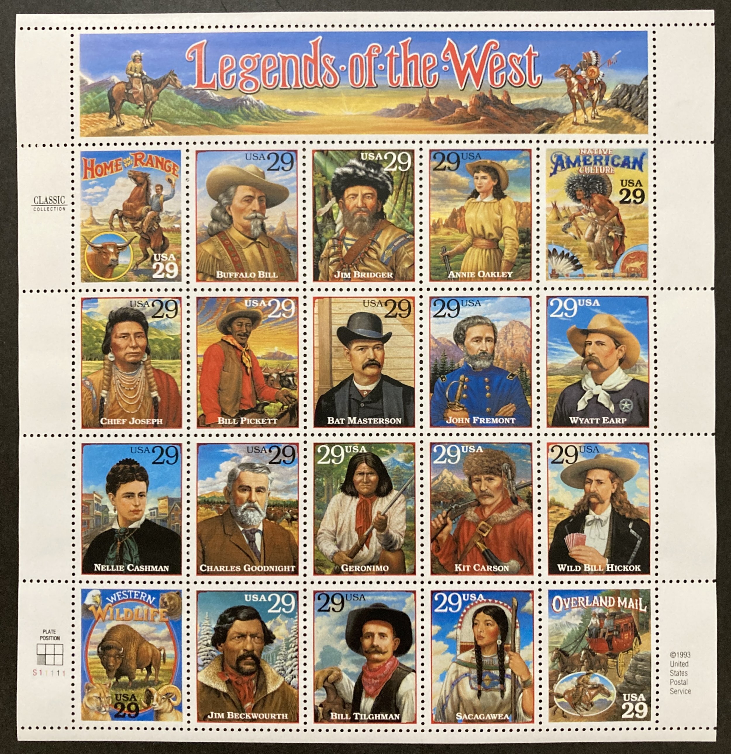 U.S. 1994 #2869 Sheet, Legends of the West, MNH(selvage warping ...