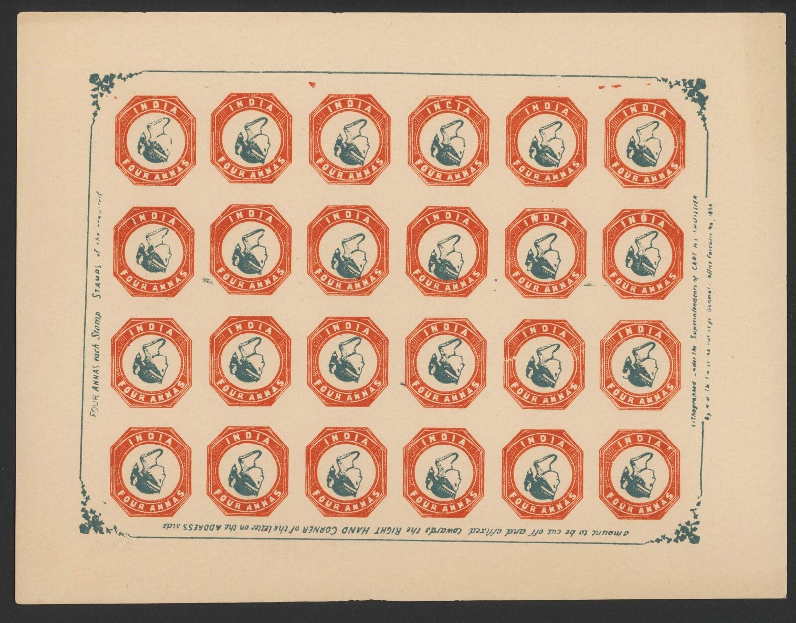 India 4a inverted head Sheet of 24 forgeries | Asia - India, General ...