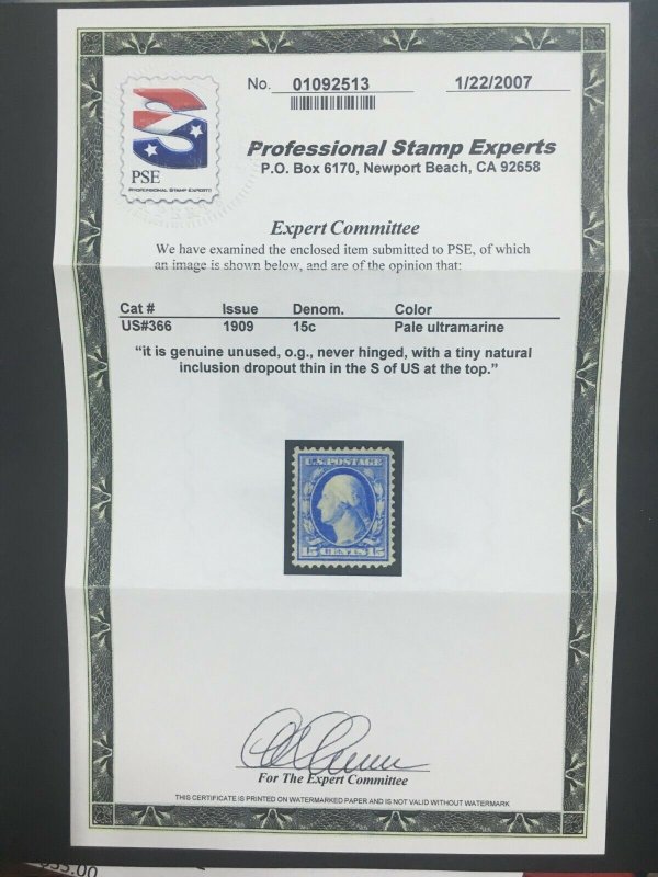 US Stamps #366 Blue Paper Mint OG NH VF PSE Cert | United States ...