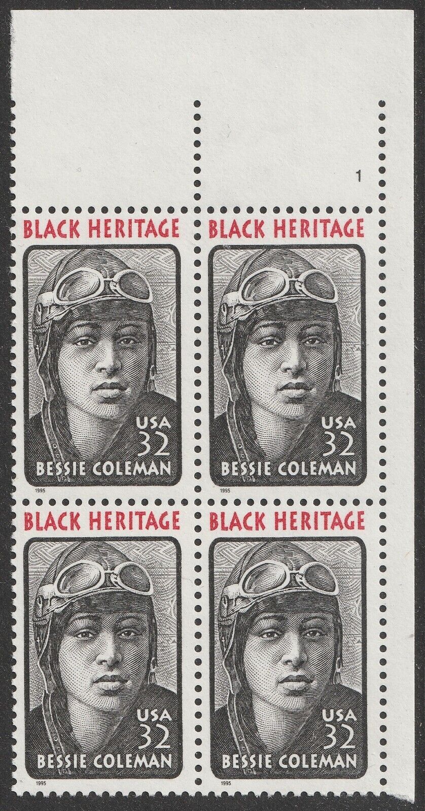 US 2956 Black Heritage Bessie Coleman 32c plate block 4 UR #1 MNH 1995 ...