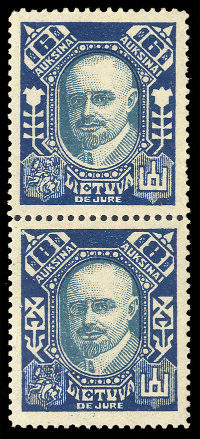 Lithuania #119a, 1922 De Jure, 6auk, vertical pair, bottom stamp cliche ...