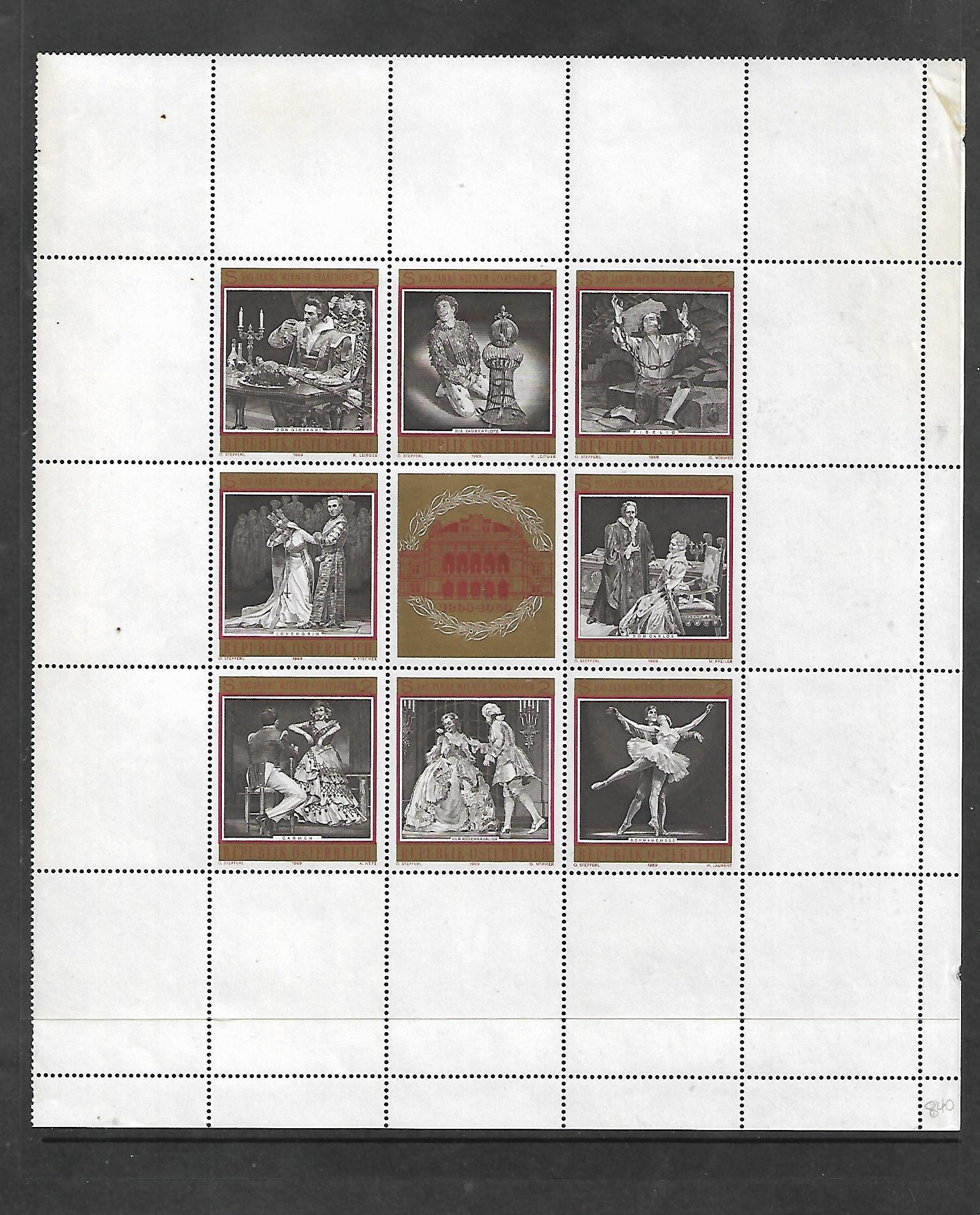 Austria Stamps: 1969 Vienna Opera House #840; Block/8 + Label w/Gutters ...