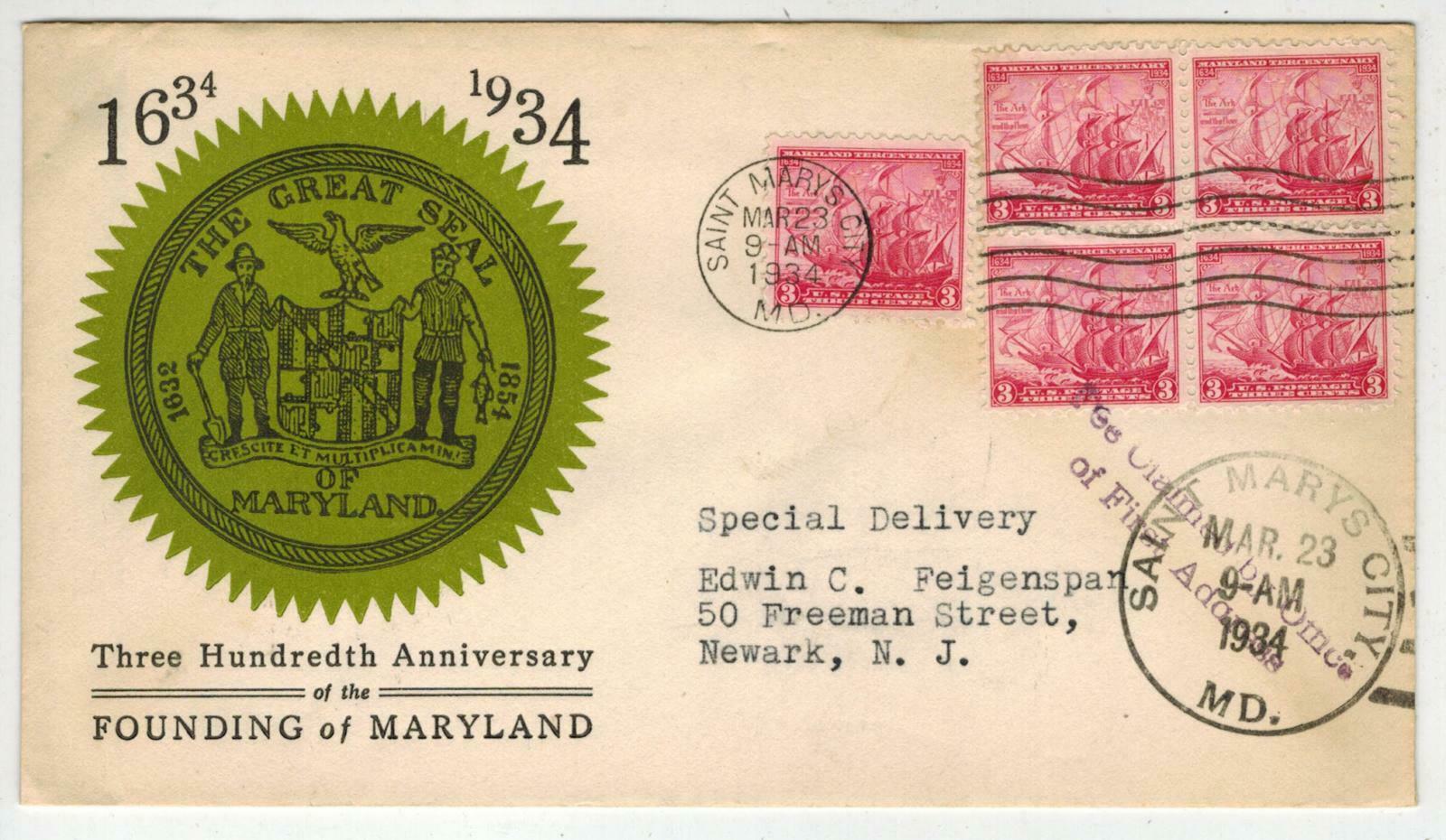 1934 FOUNDING OF MARYLAND 300th Anniv 736 Block of 5 SPECIAL DELIVERY ...