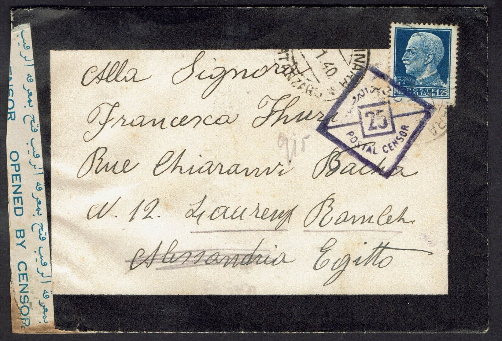 Italy 1940 Wwii Censor Mourning Cover to Egypt | Europe - Italy, Stamp ...