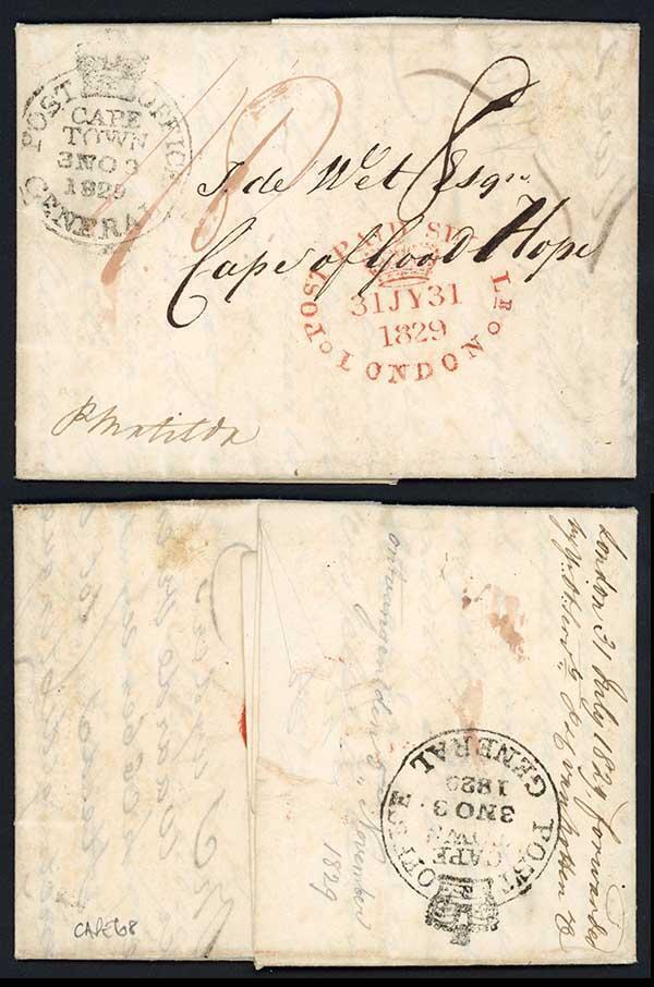 1829 London Ship Letter to Cape of Good Hope entire 1s8d rate fine ...
