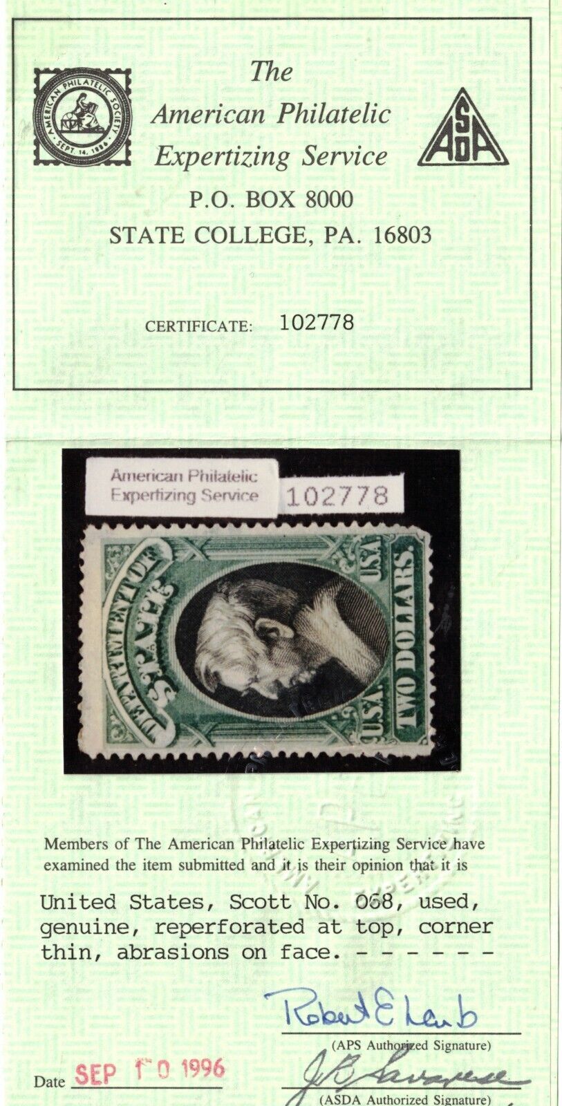 USA #O68 Used Fine Reperfed At Top - Thin At Corner **With Certificate ...
