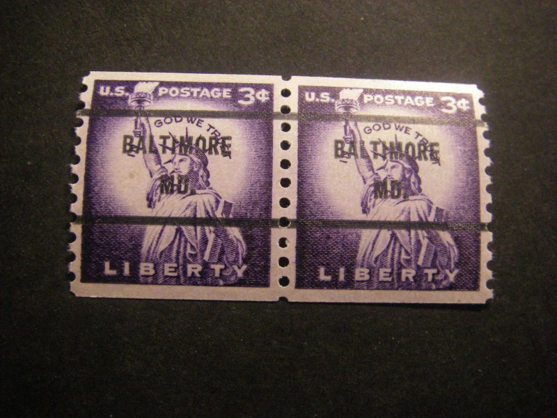 Scott 1057a, 3c Liberty Precancel Pair, Large holes BALTIMORE MD, MNH ...