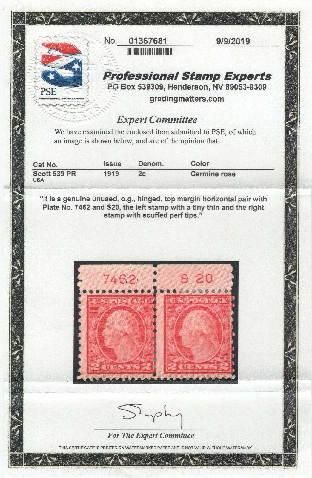 #539 PL # & Number Pair, OG Hinged with PSE Cert. SEE DETAILS (GP2 10 ...