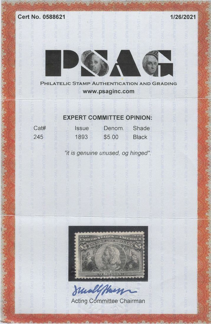 245 F/VF OG H, w/PSAG (01/21) CERT, fresh cer..MORE.. gg2388 | United ...