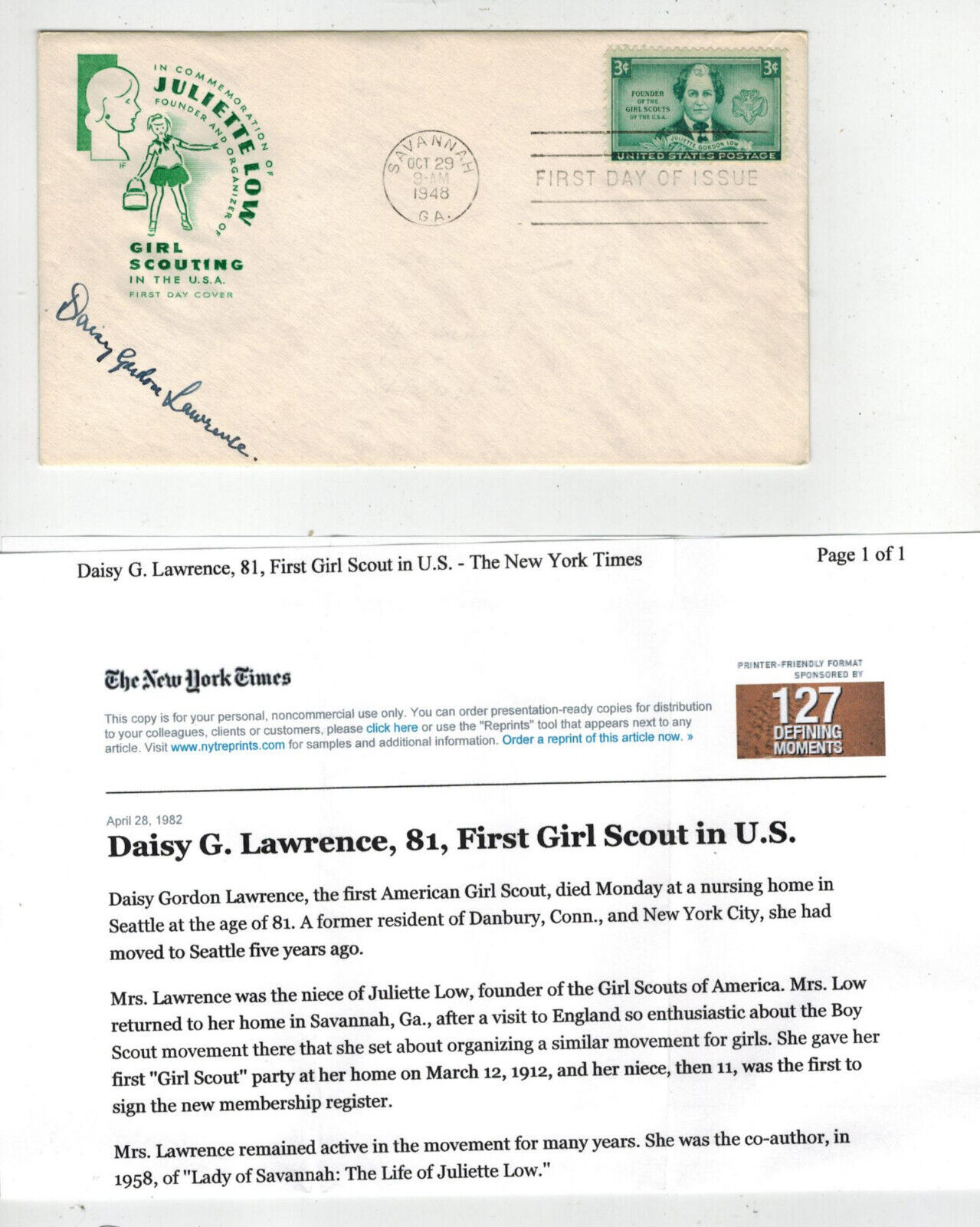 974 FDC Signed Daisy Gordon Lawrence the 1st Girl Scout in 1912 ...