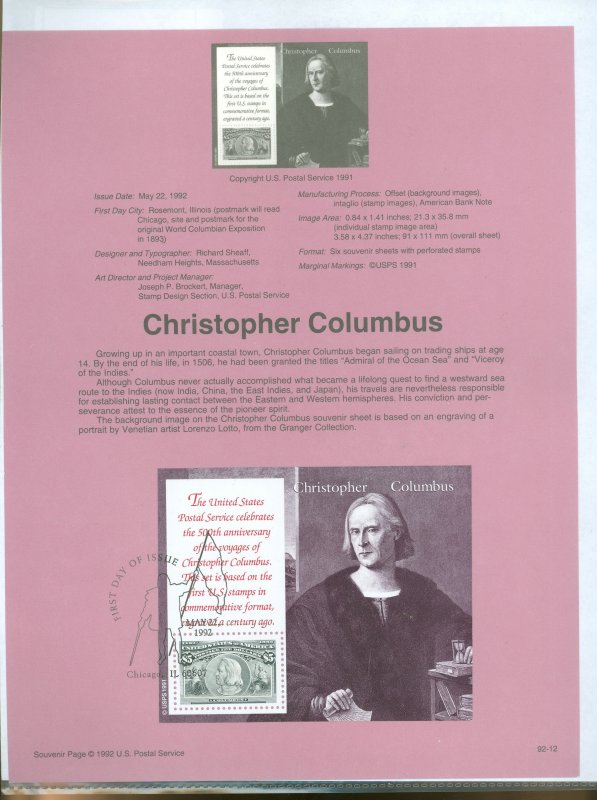 US SP1008/2929 1992 $5 christopher columbus souvenir sheet on official ...