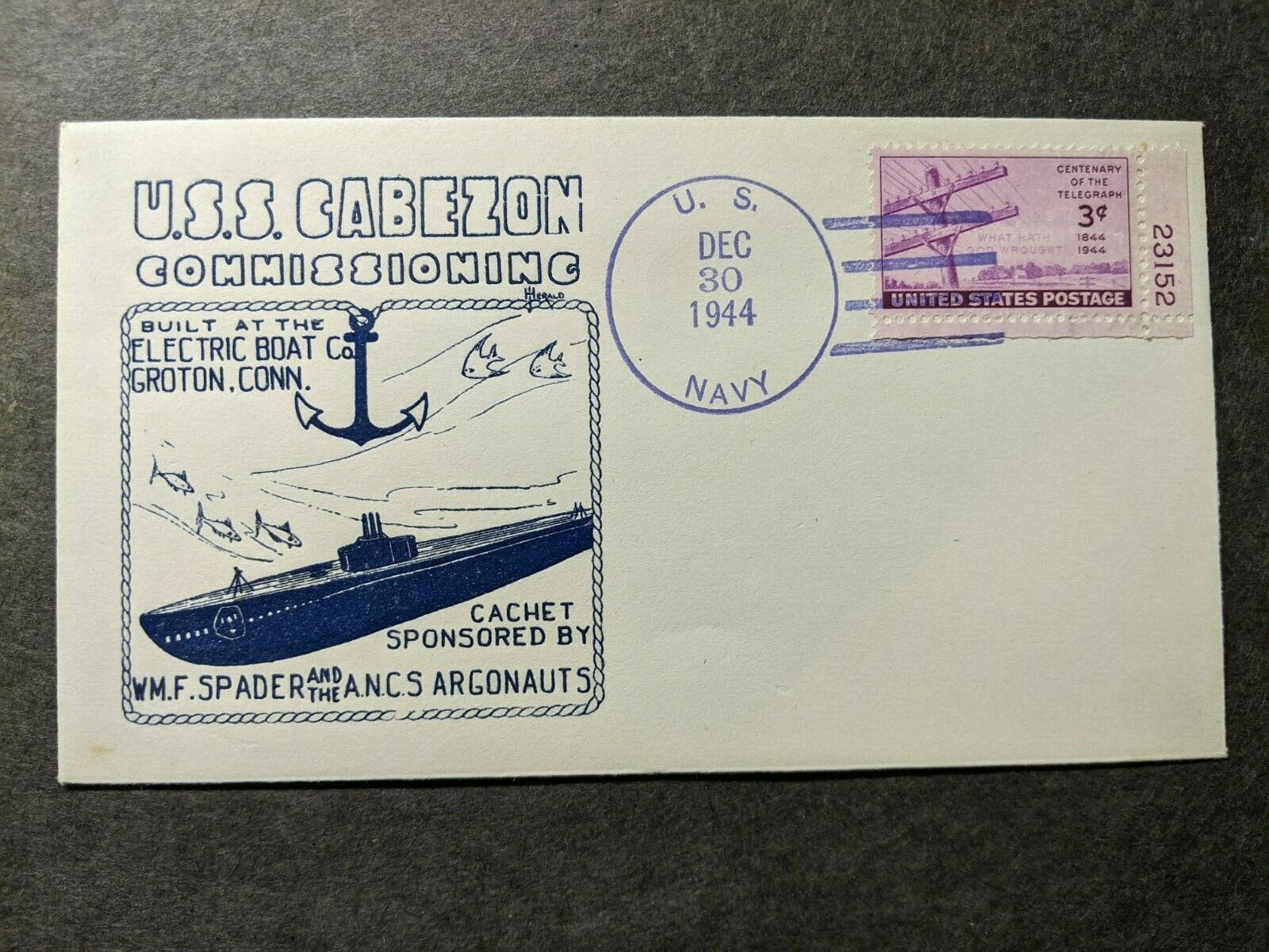 Submarine USS CABEZON SS-334 Naval Cover 1944 SPADER WWII COMMISSIONED ...