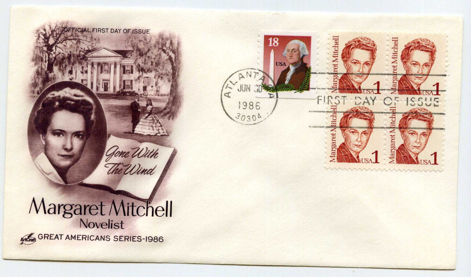 2168 Margaret Mitchell, Artcraft, bloque de 4, FDC | United States ...
