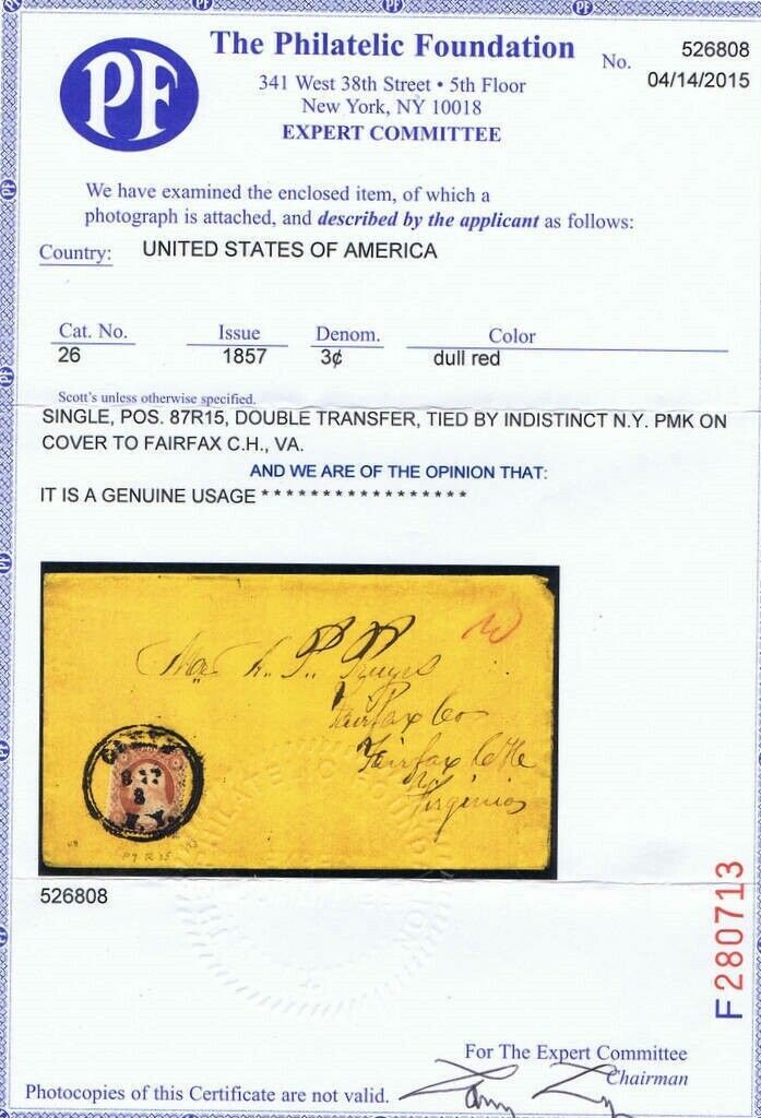 Scotts #26 VAR POS 87r15, Dble Transf on Cover NY PMK to Virginia, Rare ...