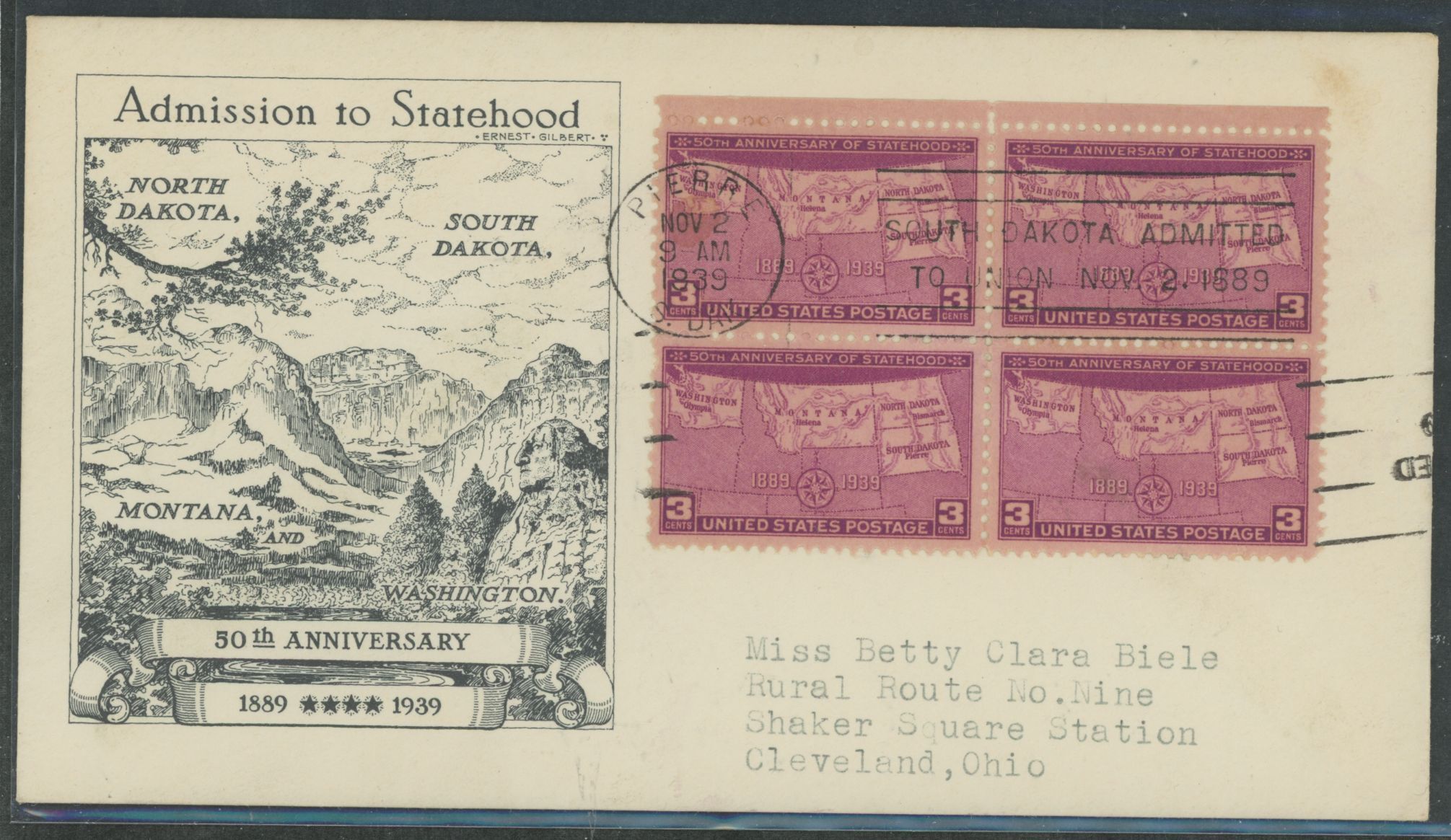 US 858 (1939) 3c four state Admission for statehood/50th anniv. South ...