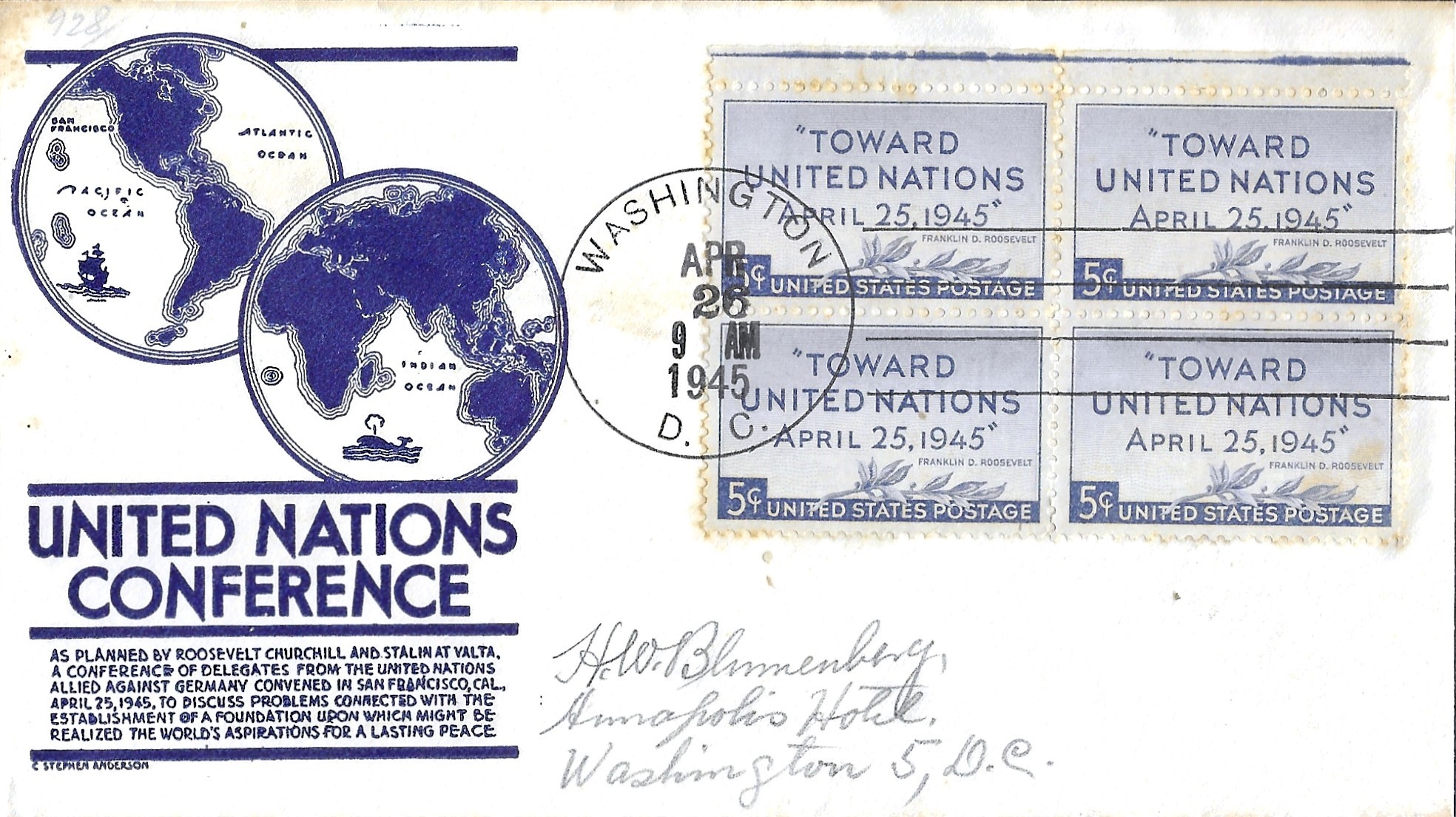 1945 FDC, #928, 5c United Nations Conference, Anderson | United States ...