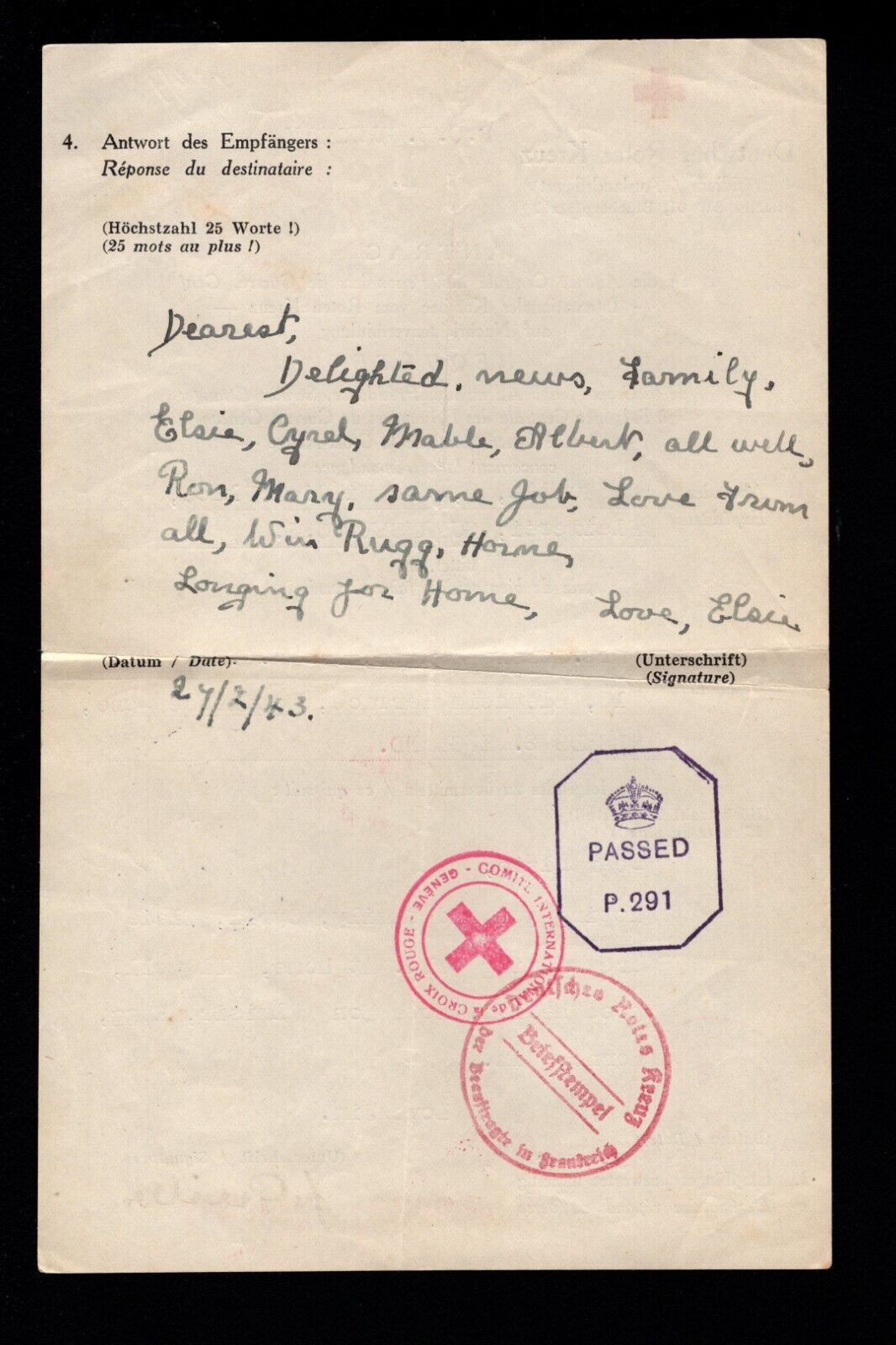Channel Islands Occupied WWII Censor German Red Cross 1942 Swiss Red ...