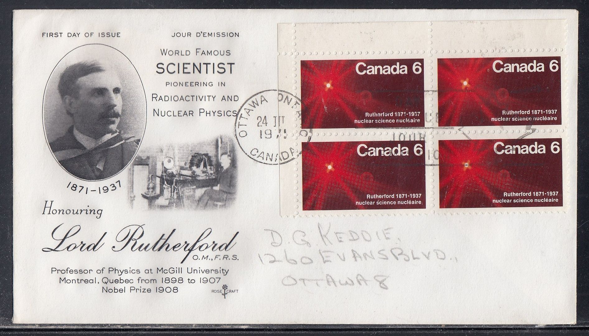 Canada Scott 534 Blk 4 FDC - Lord Rutherford | Canada, General Issue ...