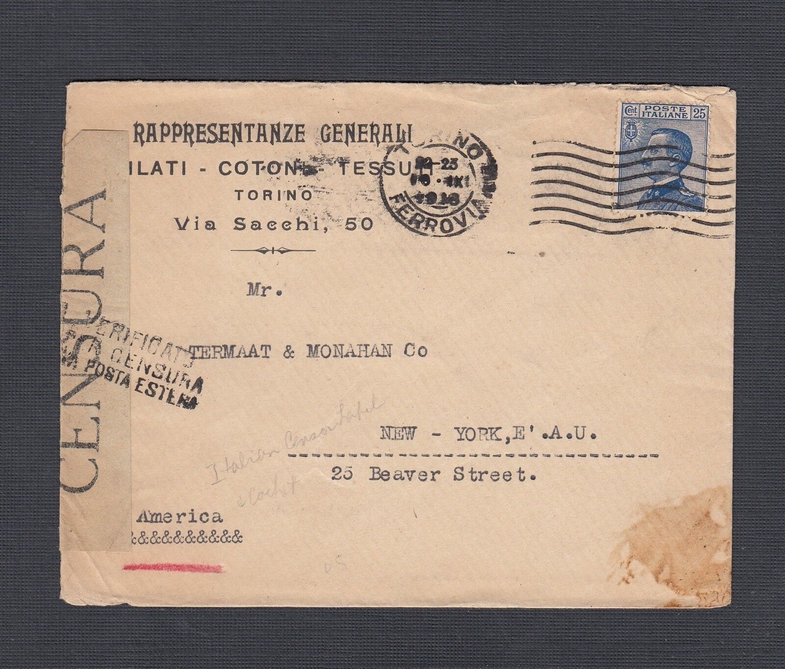Italy 1916 WWI Censored Cover Torino Ferrovia to New York USA | Europe ...