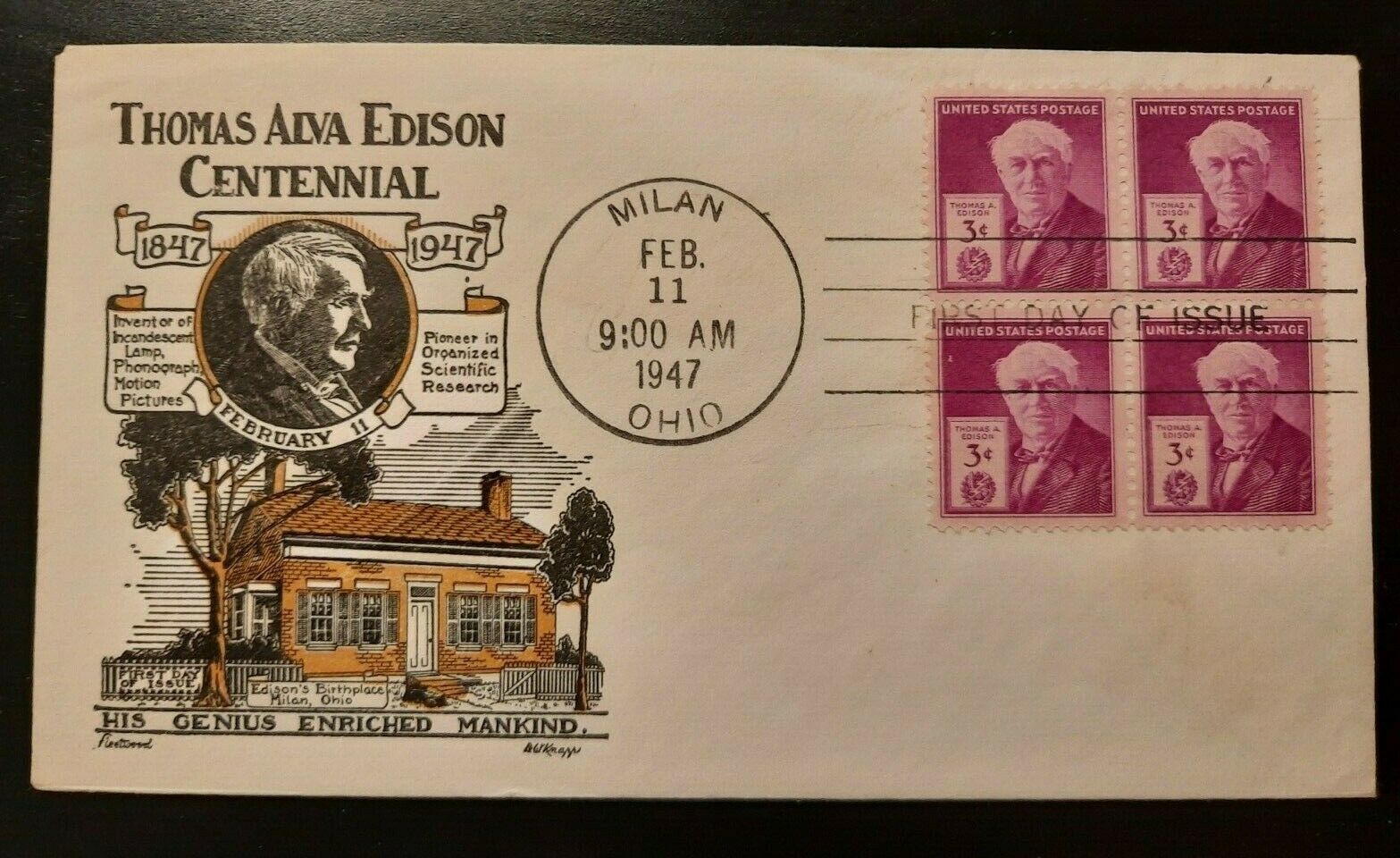 1947 FDC Centennial Thomas Edison Illustrated Cachet Milan Ohio Plate ...