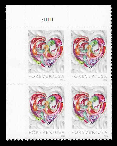 PCBstamps US #5036 PB $1.96(4x{49c})Quilled Paper Hearts, MNH, (PB-1a ...