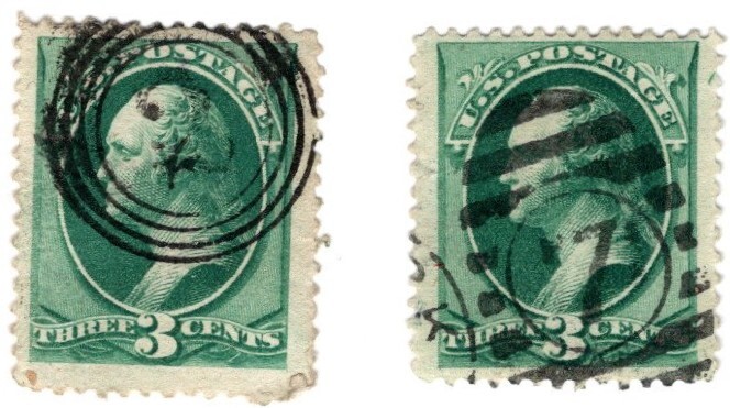 Two US Scott #- 207 1881 3 Cent George Washington Used Jumbo & Normal ...