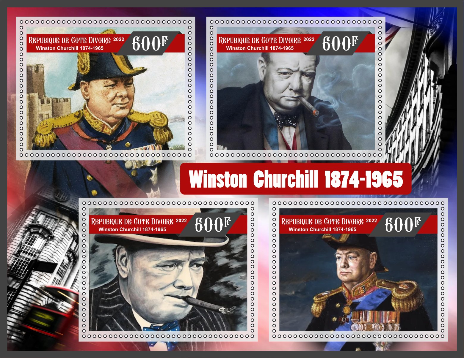 Stamps. Famous People,Winston Churchill Ivory Coast 2022 year 1+1 ...