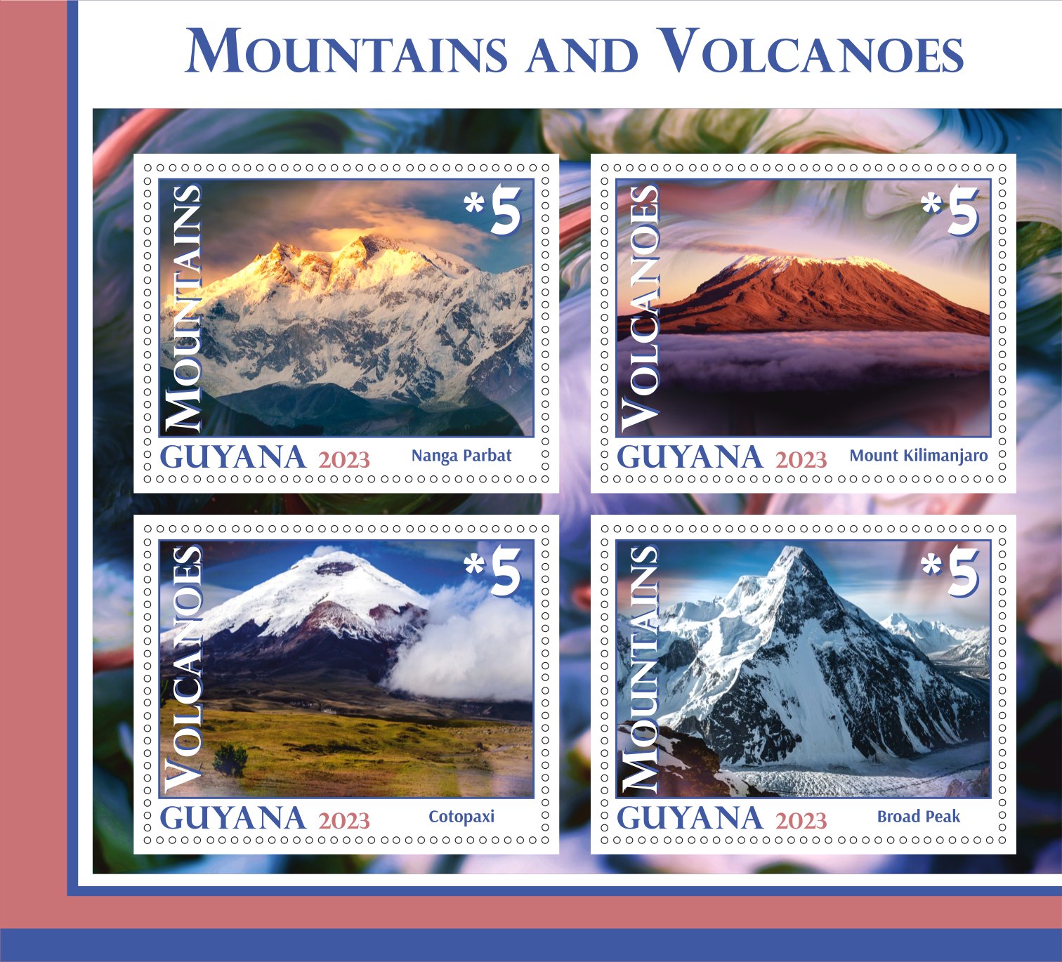 Stamps. Mountains and Volcanoes 2023 year 1+1 sheets perf Guyana ...