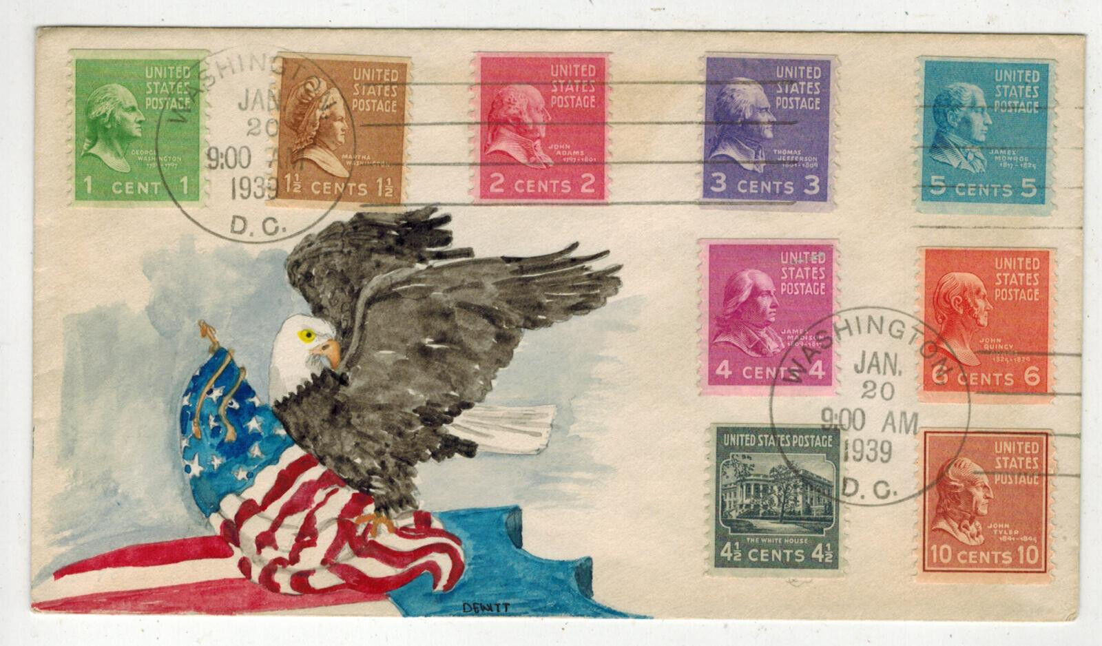 1938 Presidential Series FDC 839/847 Rare Dewitt Handpainted Coil SET ...