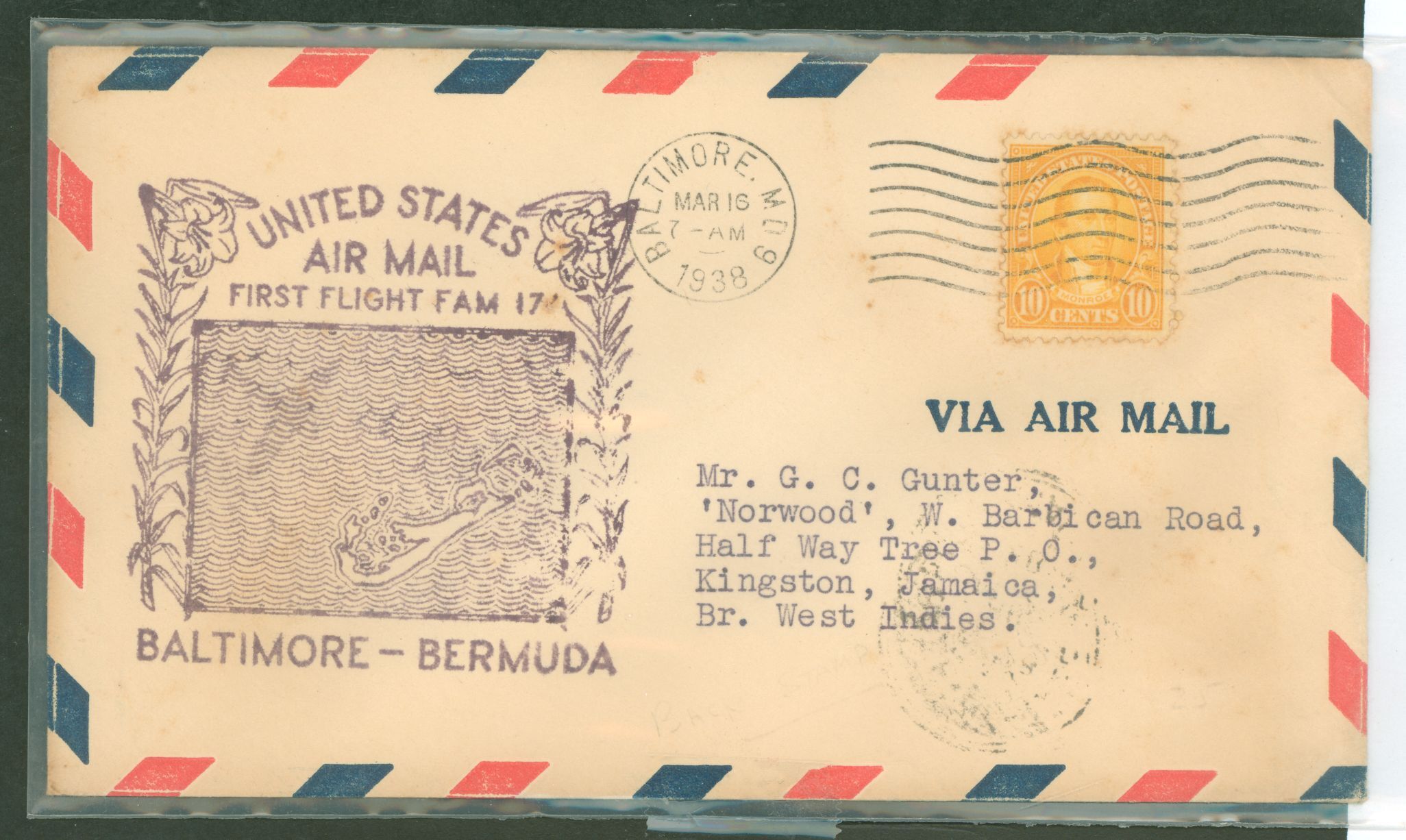 US 562 1st Flight Baltimore to Bermuda; March 16 1938 gum stains ...