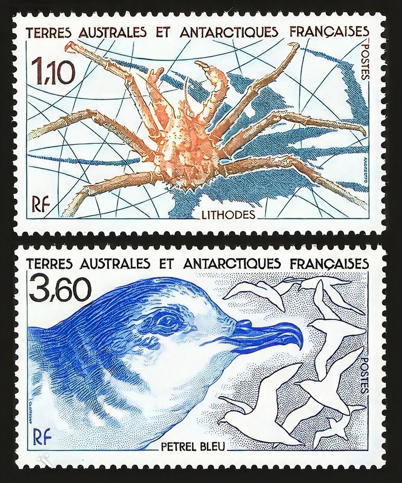 FSAT/TAAF 1989 Sc#143/144 CRAB (Lithodes)-BIRD (Blue Petrel) Set (2 ...