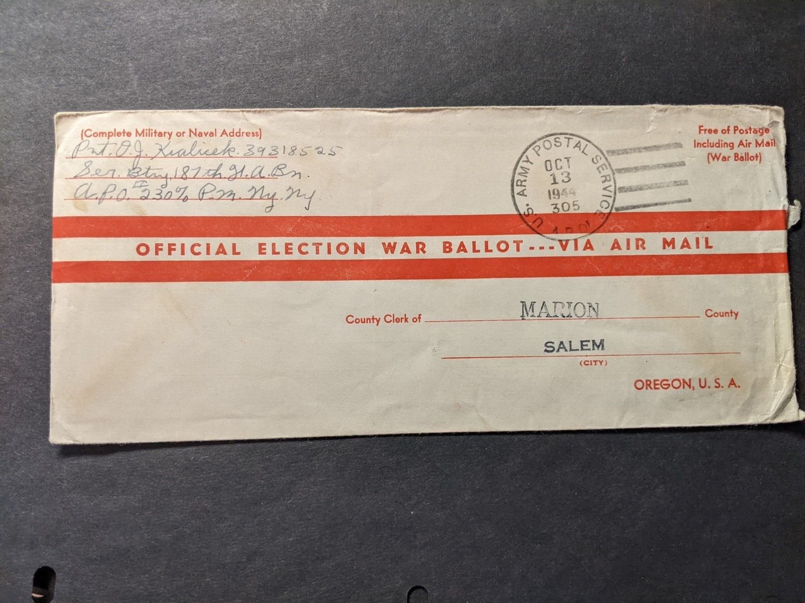 APO 230 Soumanges, Belgium 1944 Army Election Ballot Cover 187th FA Bn ...