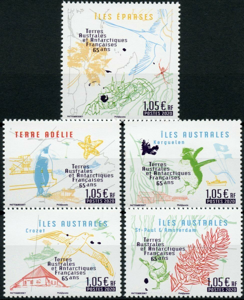 FSAT TAAF Birds on Stamps 2020 MNH 65th Anniv Penguins Maps Plants ...