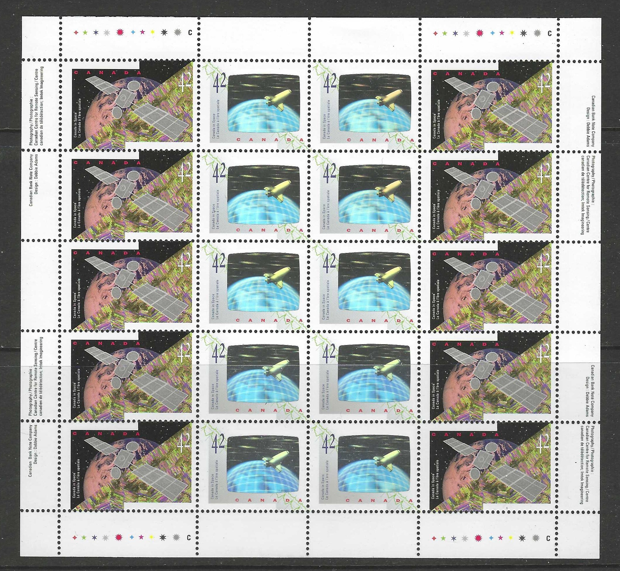 CANADA 1992 CANADA IN SPACE Pane of 20 Se-tenant Pairs Sc 1441-1442 MNH ...