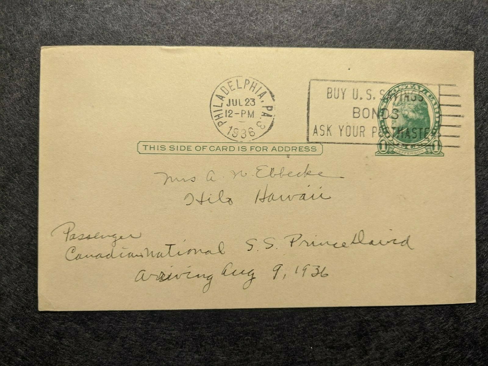 Ship SS PRINCE DAVID, CANADIAN NATIONAL Naval Cover 1936 HILO, HAWAII ...