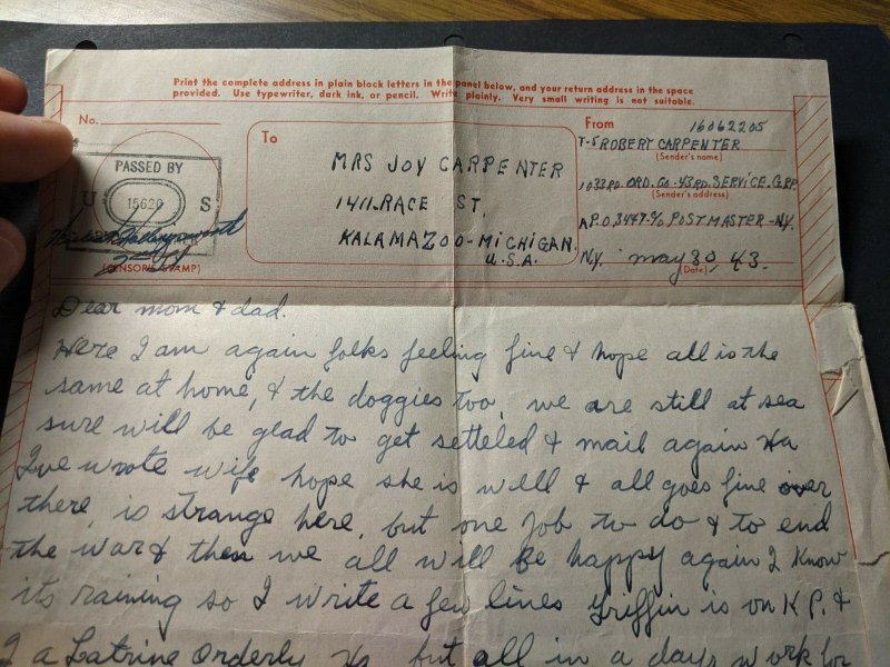 APO 3447 1943 Censored WWII Army Air Force Cover 1033rd ORD V-MAIL ...